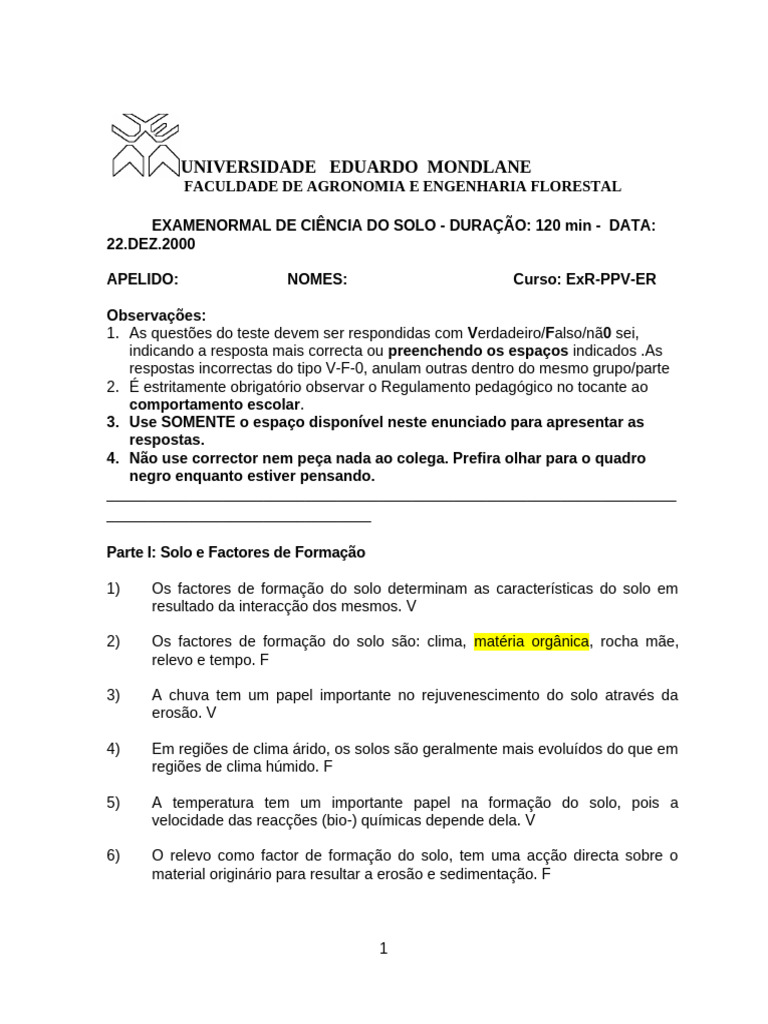 Exame de Normal de Ciencia Do Solo 12 - 00 | PDF | Solo | Geociências