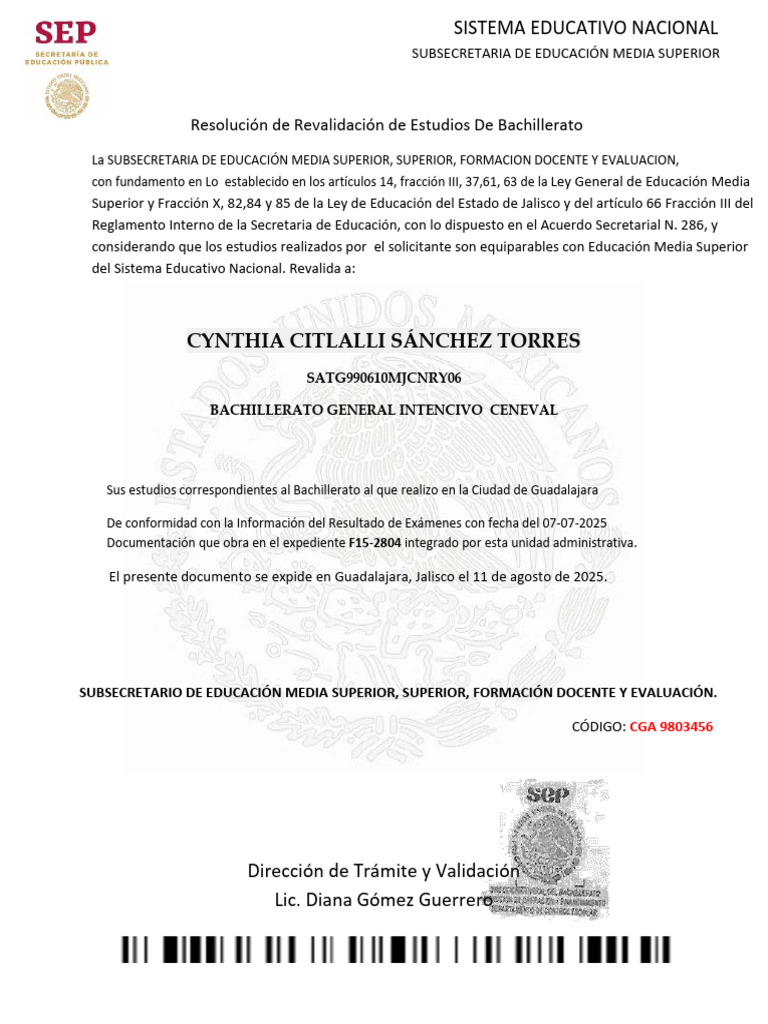 CARTA DE VALIDACION BACHILLERATO Cytlalli | PDF