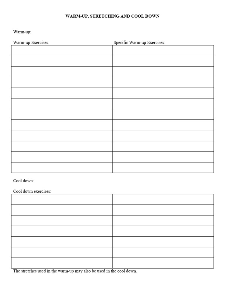 Warm-Up Stretching and Cool Down Worksheet 042203 | PDF