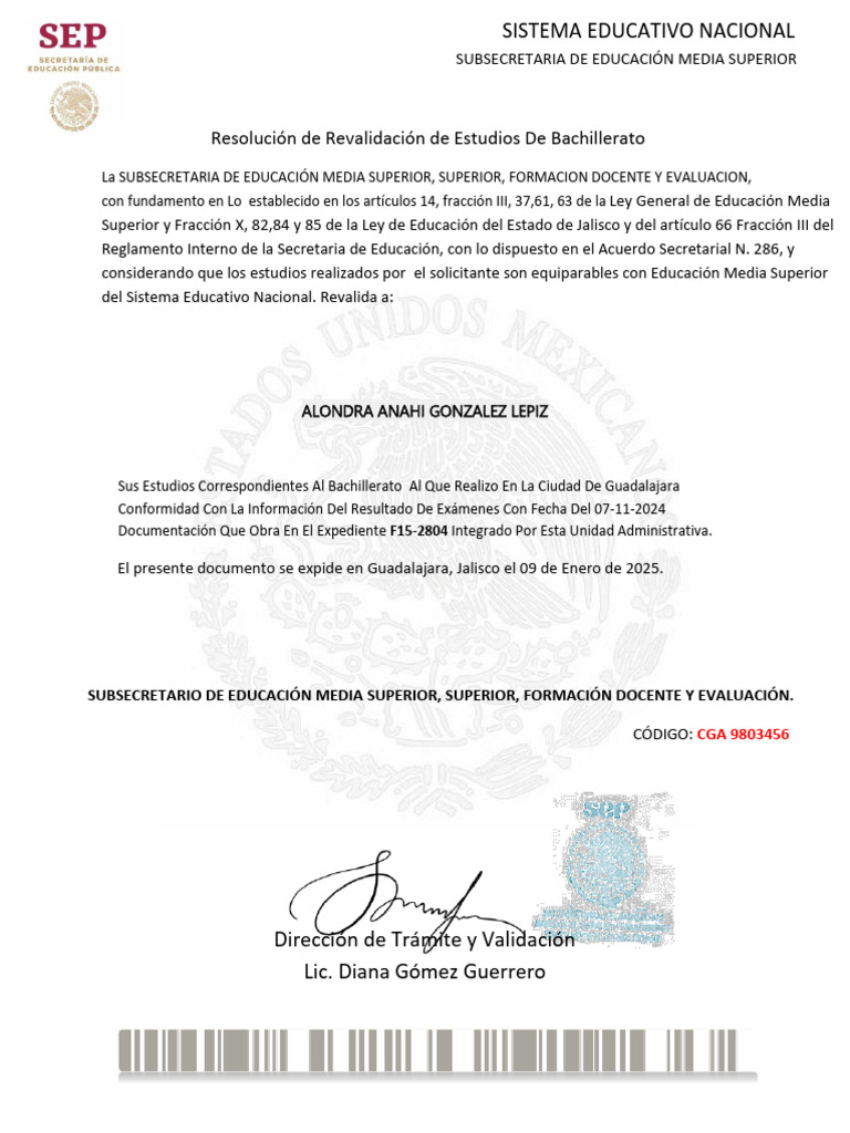 Carta de Validacion Bachillerato Alondra | PDF