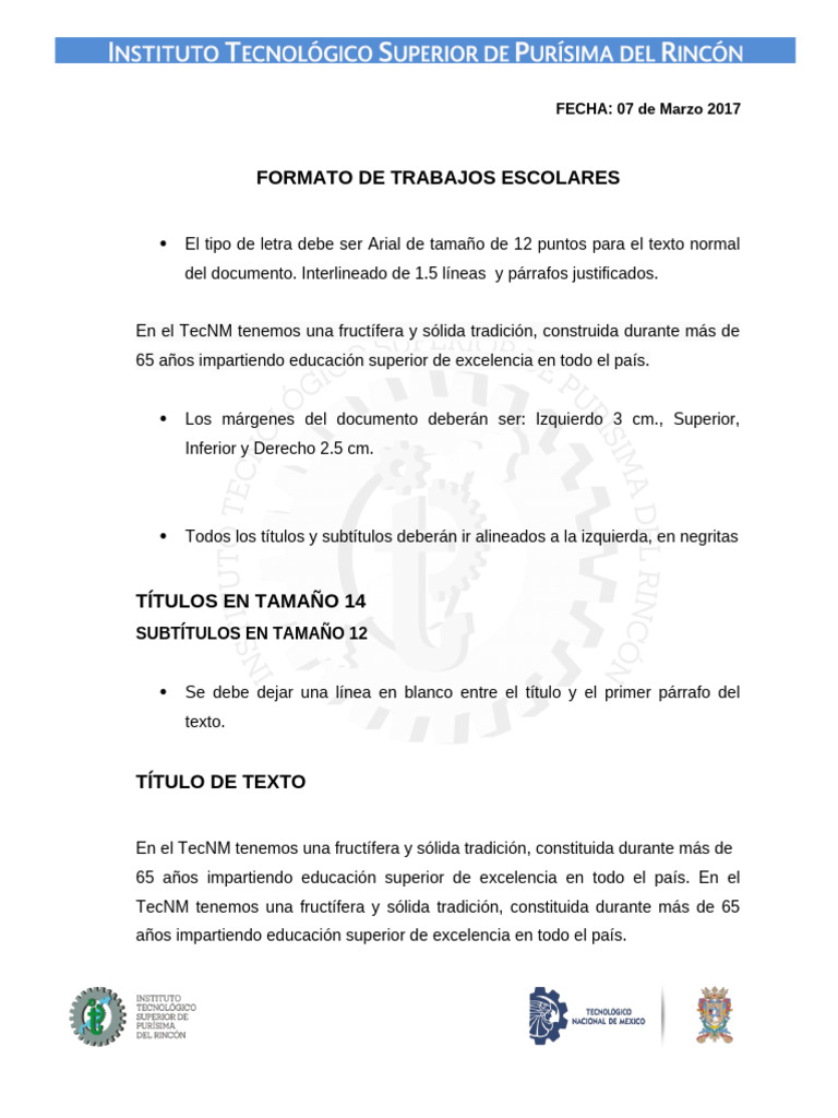 Formato Trabajos Escolares Tec Purisima | PDF