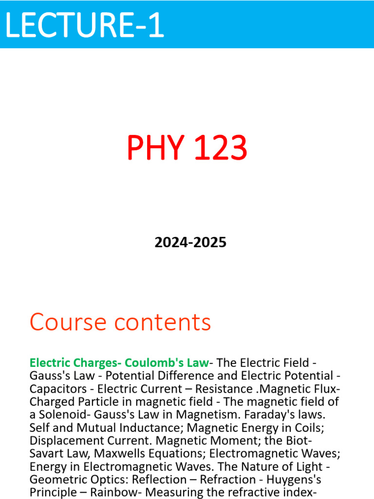 Lecture - 1 - PHY 123 - 082909 | PDF | Electric Charge | Electric Field