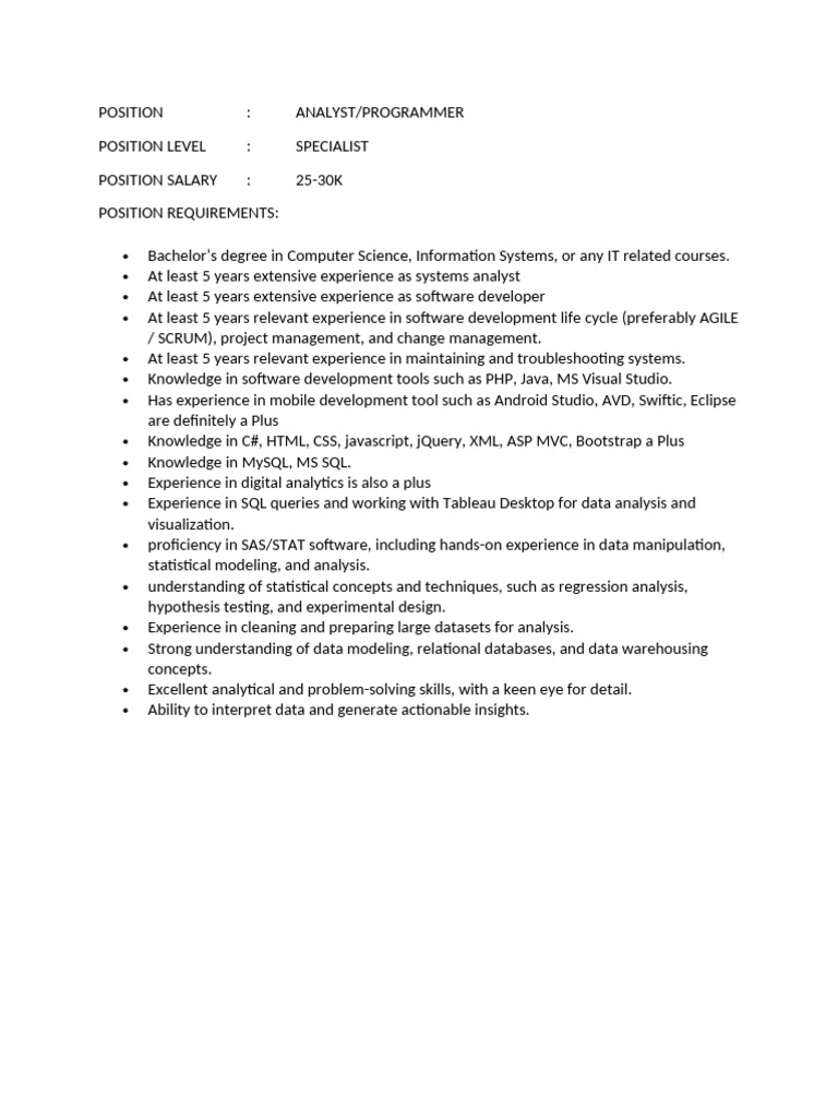 Analyst/Programmer Specialist Role | PDF