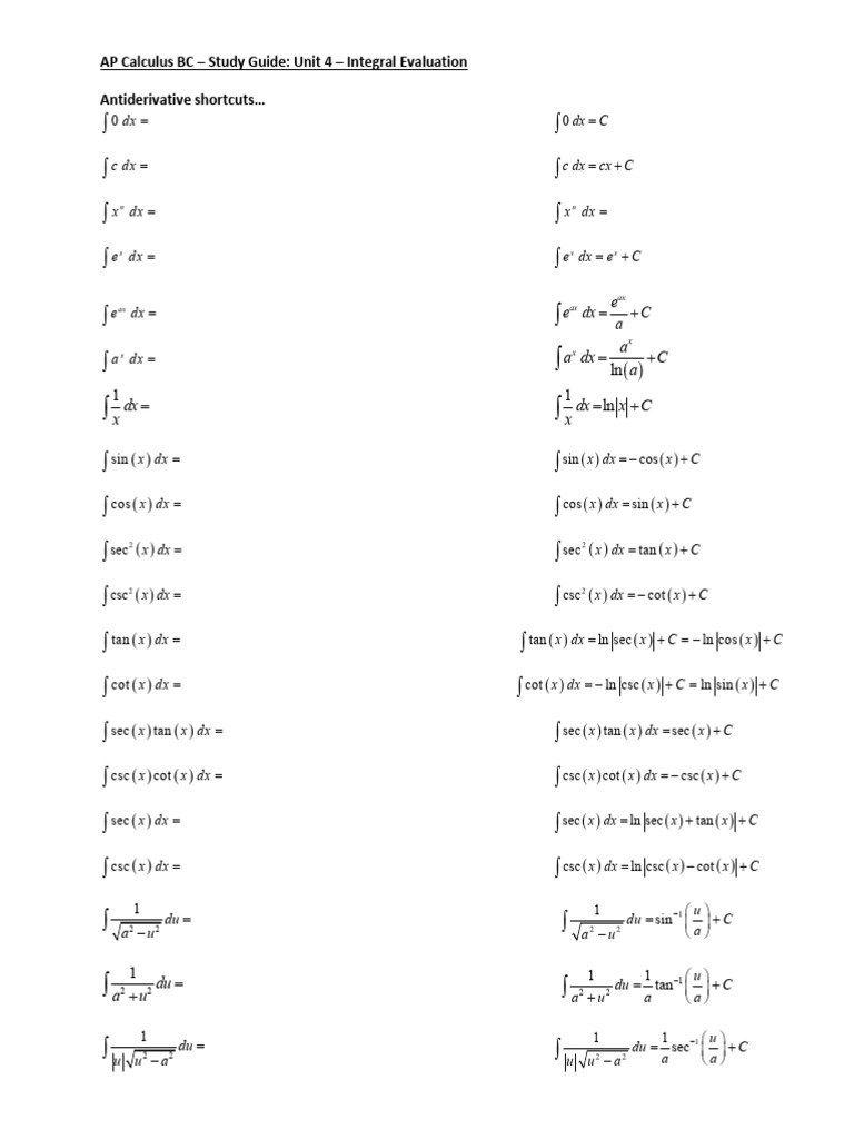 Apcalcbc Study Guide EntireYear Unit4 Integral Evaluation | PDF