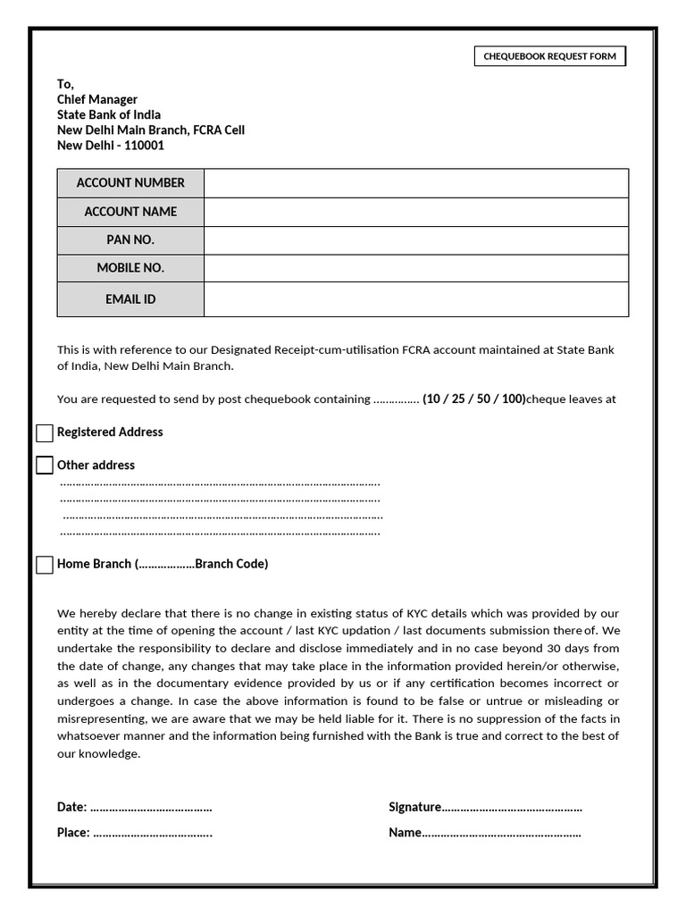 FCRA Chequebook Request Form | PDF