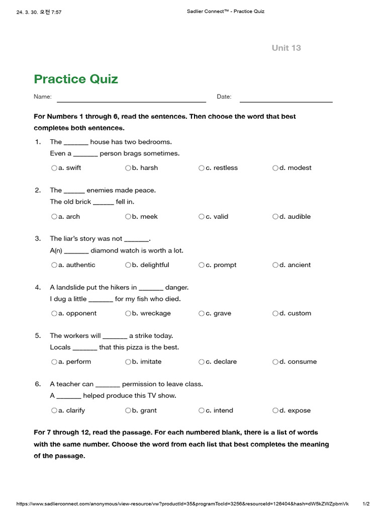 Unit 13 Vocabulary Practice Quiz | PDF