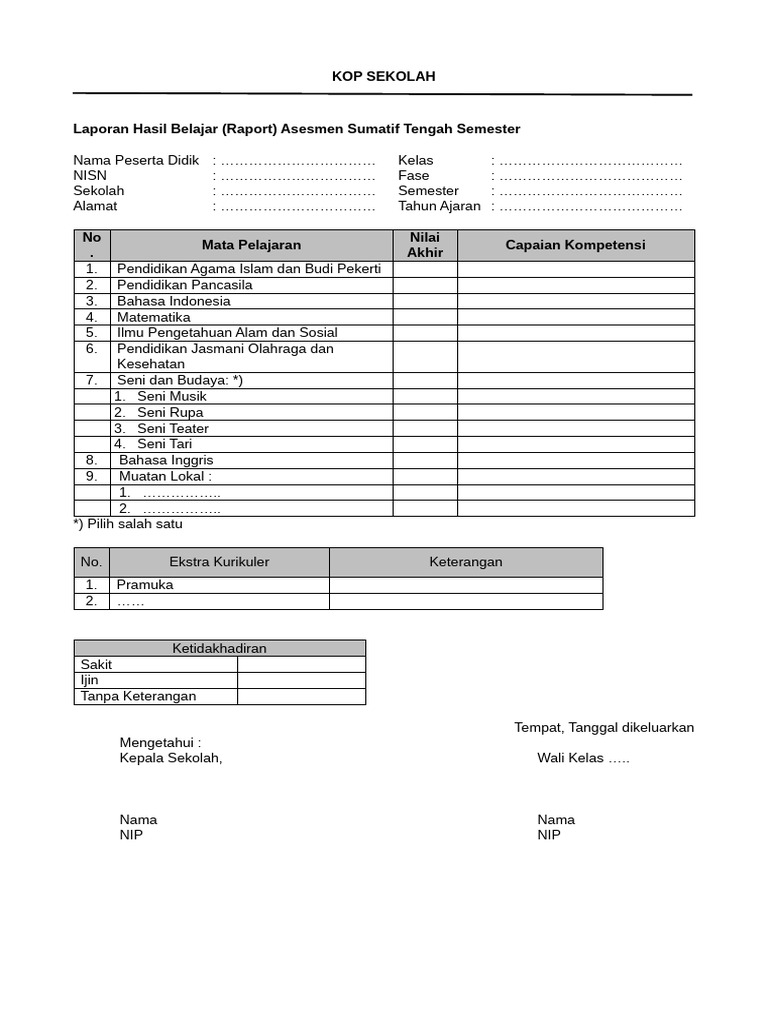 Contoh Format Raport Asesmen Sumatif Tengah Semester Kurikulum Merdeka ...