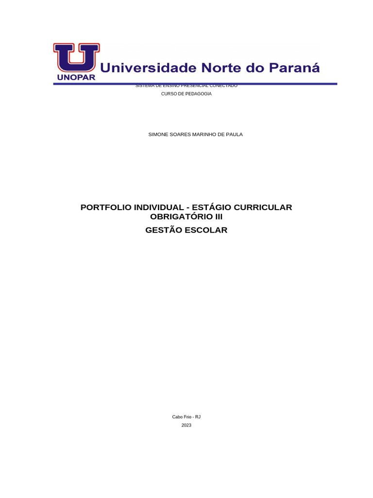 Portfolio de Estagio Gestão Simone | PDF | Pedagogia | Aprendizado