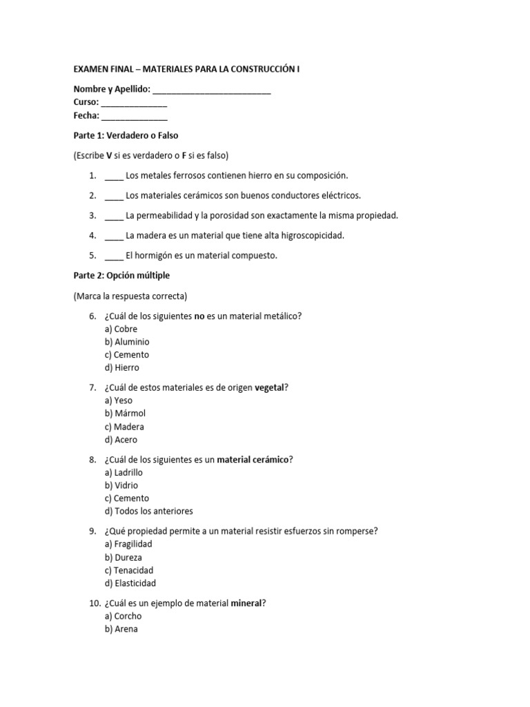 Examen Final Materiales 3 2025 | PDF | Rieles | Hormigón