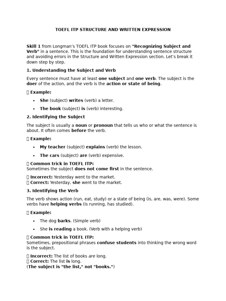 Toefl Itp Structure and Written Expression | PDF | Subject (Grammar) | Verb