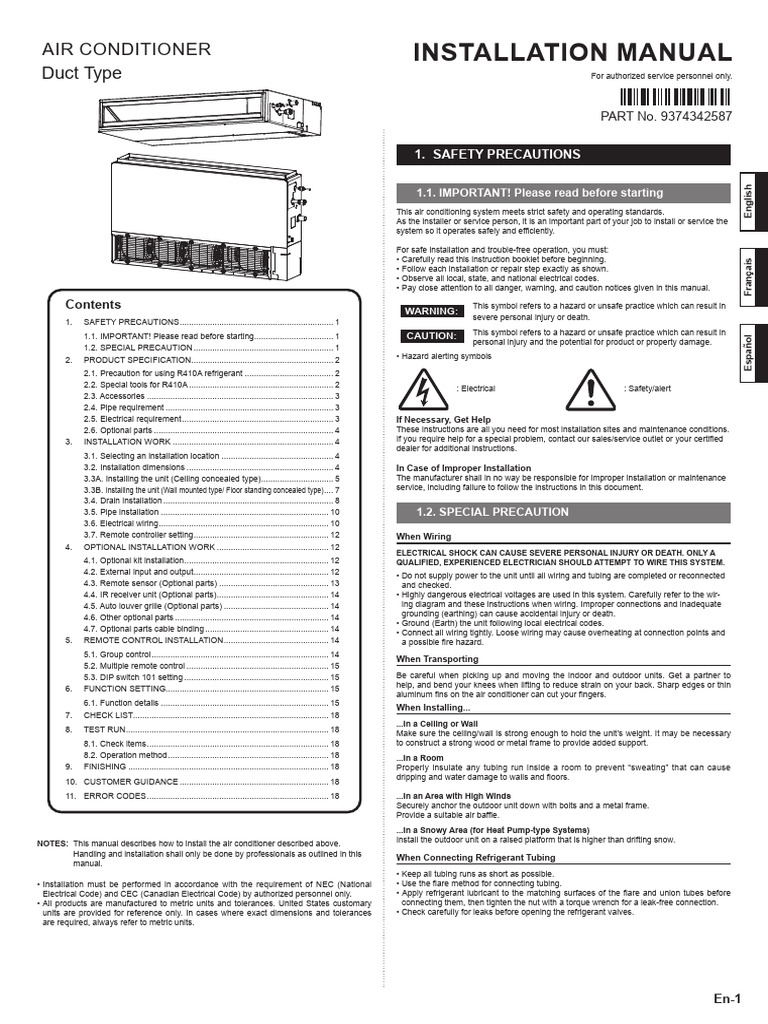 Mini Split AC Duct Type - Installation Manual (Fujitsu) | PDF | Pipe ...