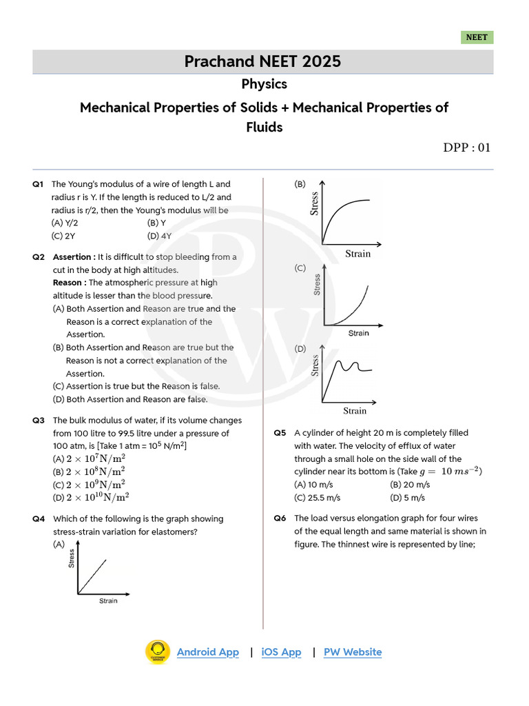 Mechanical Properties of Solids and Fluids - DPP 01 - Prachand NEET ...