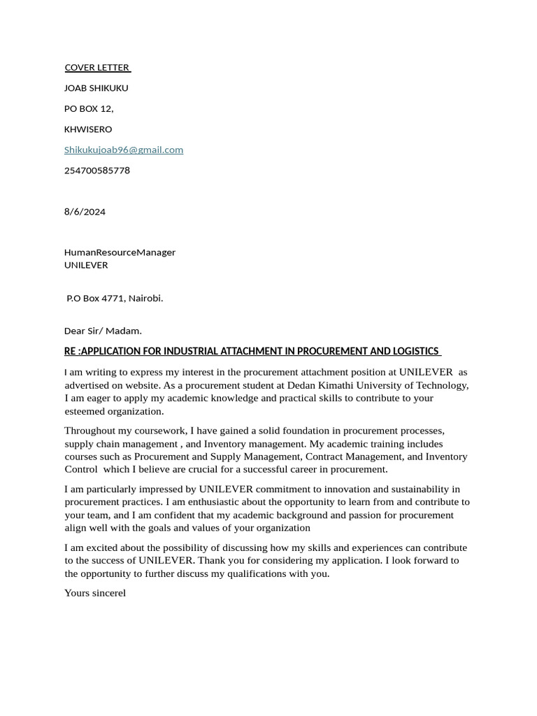 Cover Letter and CV UNILEVER | PDF