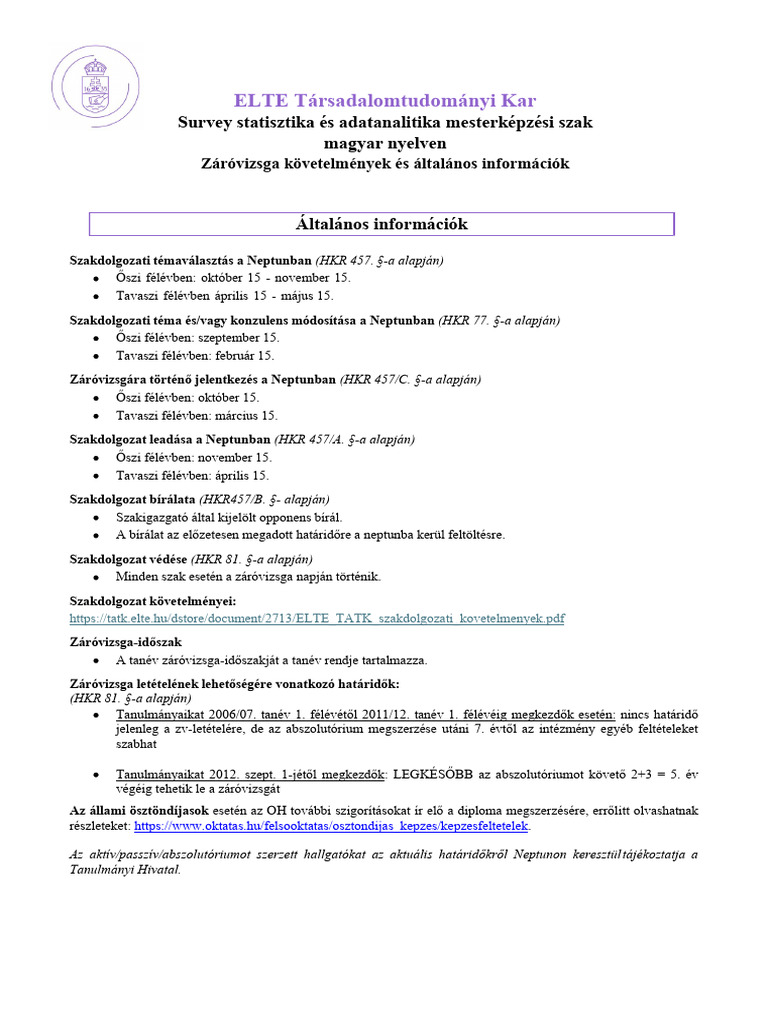 TáTK - Survey Statisztika És Adatanalitika Mesterképzés Magyar Nyelven - ZV | PDF