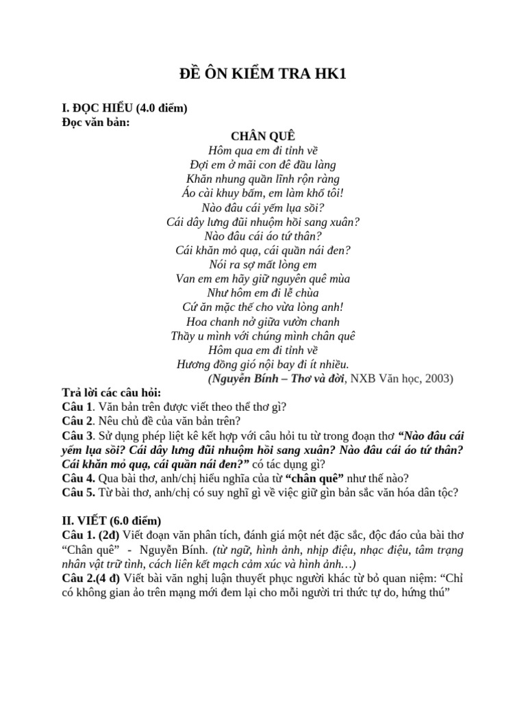 ĐỀ ÔN TẬP HK1 -10 | PDF