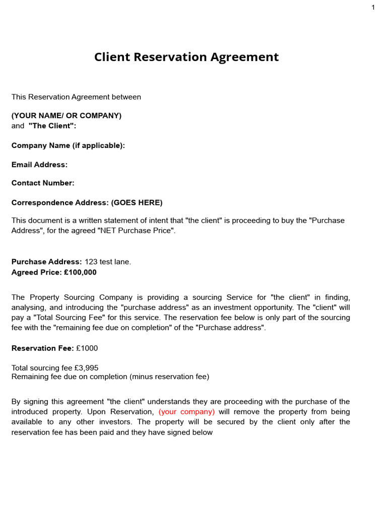 Client Reservation Agreement for Property | PDF | Fee | Real Estate ...
