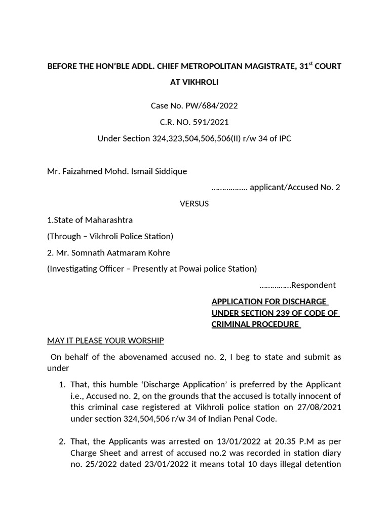 APPLICATION FOR DISCHARGE UNDER SECTION 239 OF CODE OF CRIMINAL PROCEDURE | PDF | Police ...