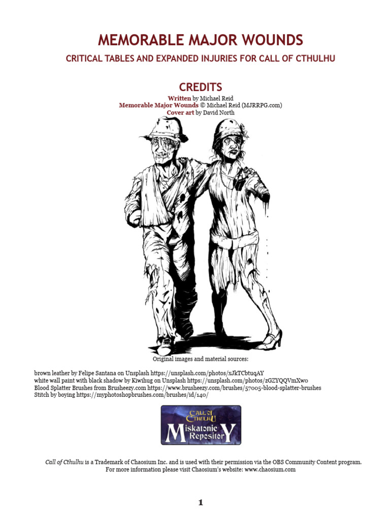 Major Wound Tables for Call of Cthulhu | PDF | Arm | Thorax