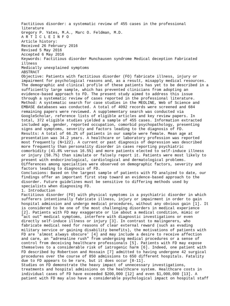 Systematic Review of Factitious Disorder Cases | PDF | Mental Disorder ...