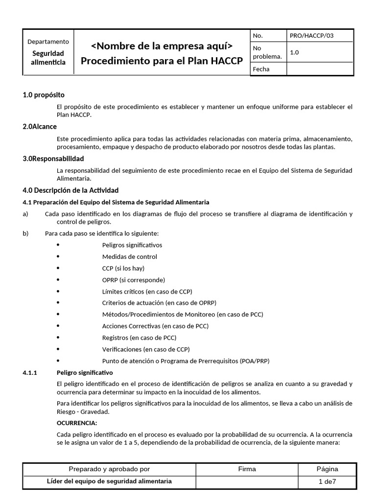 PRO - HACCP - 04-Procedimiento para Plan HACCP | PDF | Análisis de Riesgo y Puntos Críticos de ...