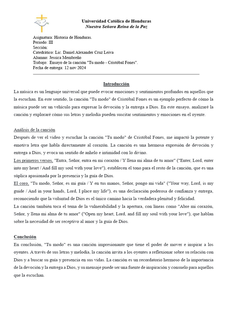 Ensayo Sobre La Cancion Tu Modo. | PDF | Amor | Canciones