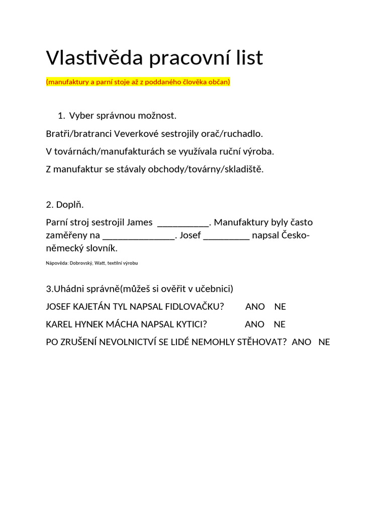 Vlastivěda Pracovní List | PDF