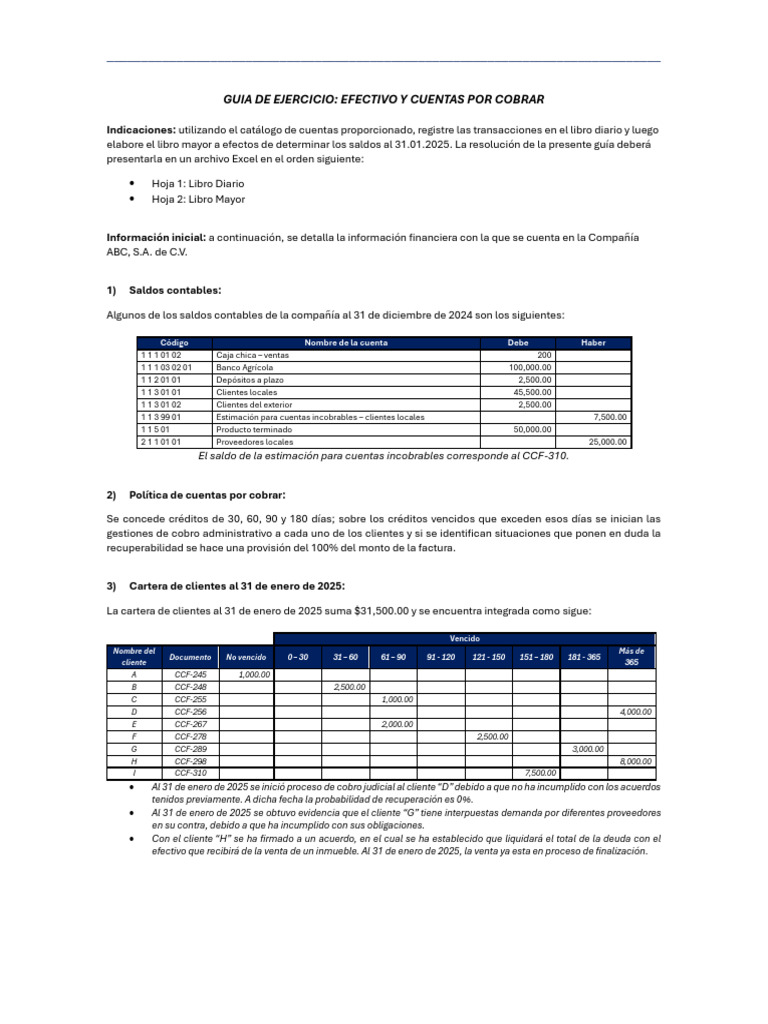Guía Contable: Ejercicio de Efectivo y Cuentas por Cobrar | PDF | Bancos | Economias