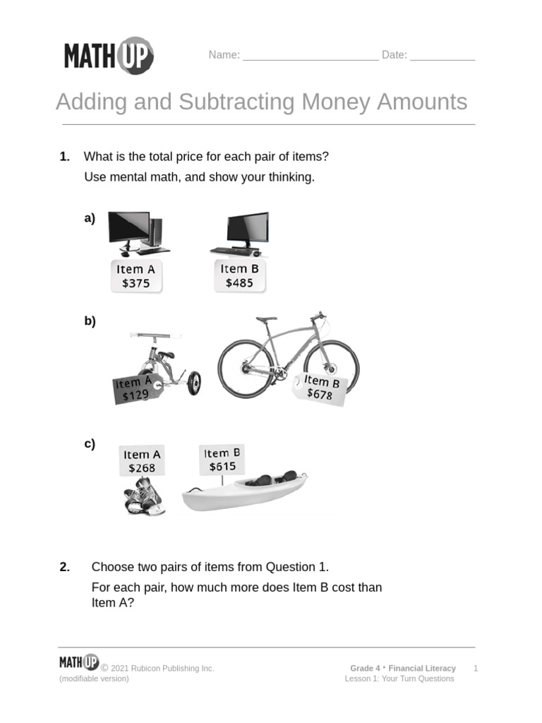 Adding and Subtracting Money for Kids | PDF