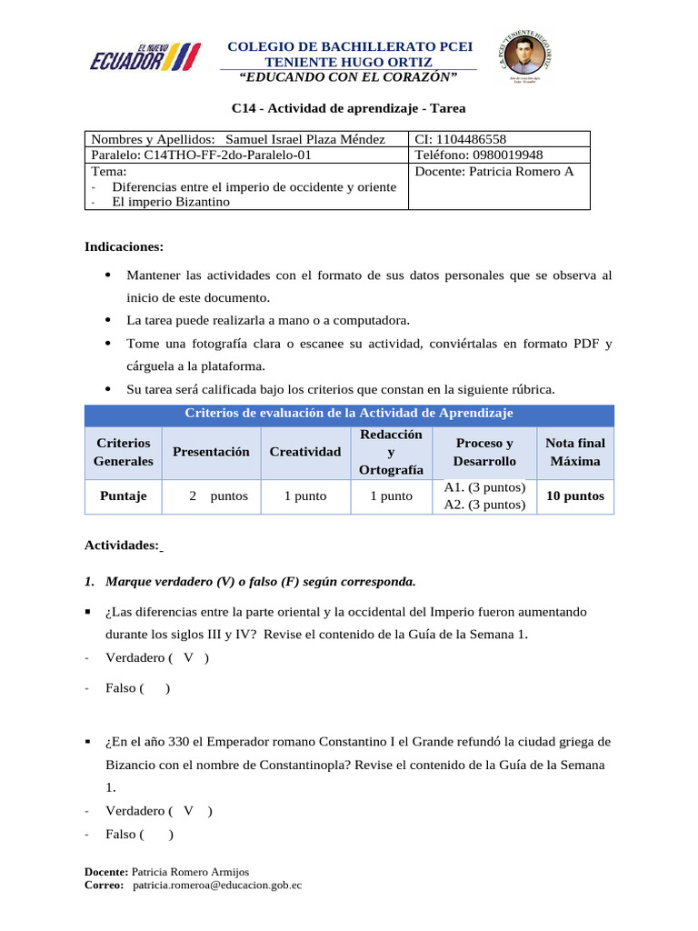 Actividad de aprendizaje-Tarea-HISTORIA-2do BGU-U1 | PDF | imperio Bizantino | Constantinopla