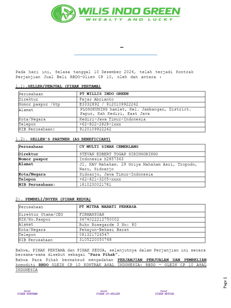 Draft Perjanjian Jual Beli Wilmar SKBDN | PDF