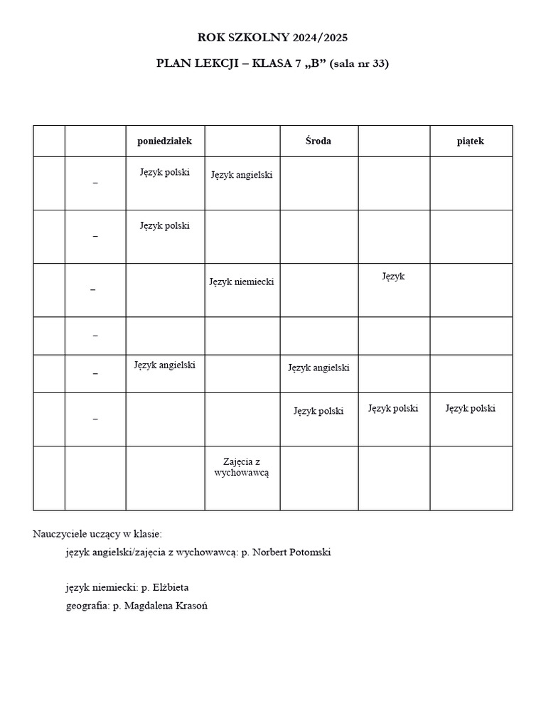 Plan Lekcji 7B 2023 3 | PDF
