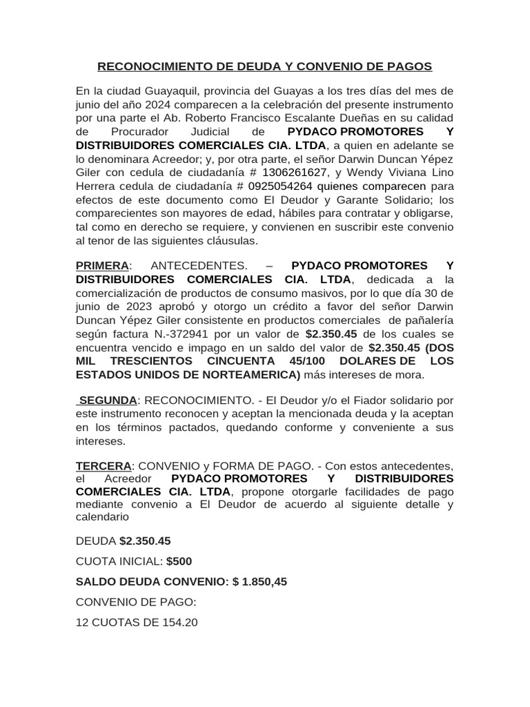 Reconocimiento de Deuda y Convenio de Acuerdo de Pagos | PDF | Pagos