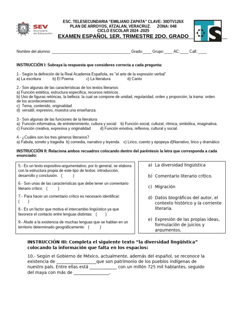 Examen Esp. 2do. 1er. T | PDF