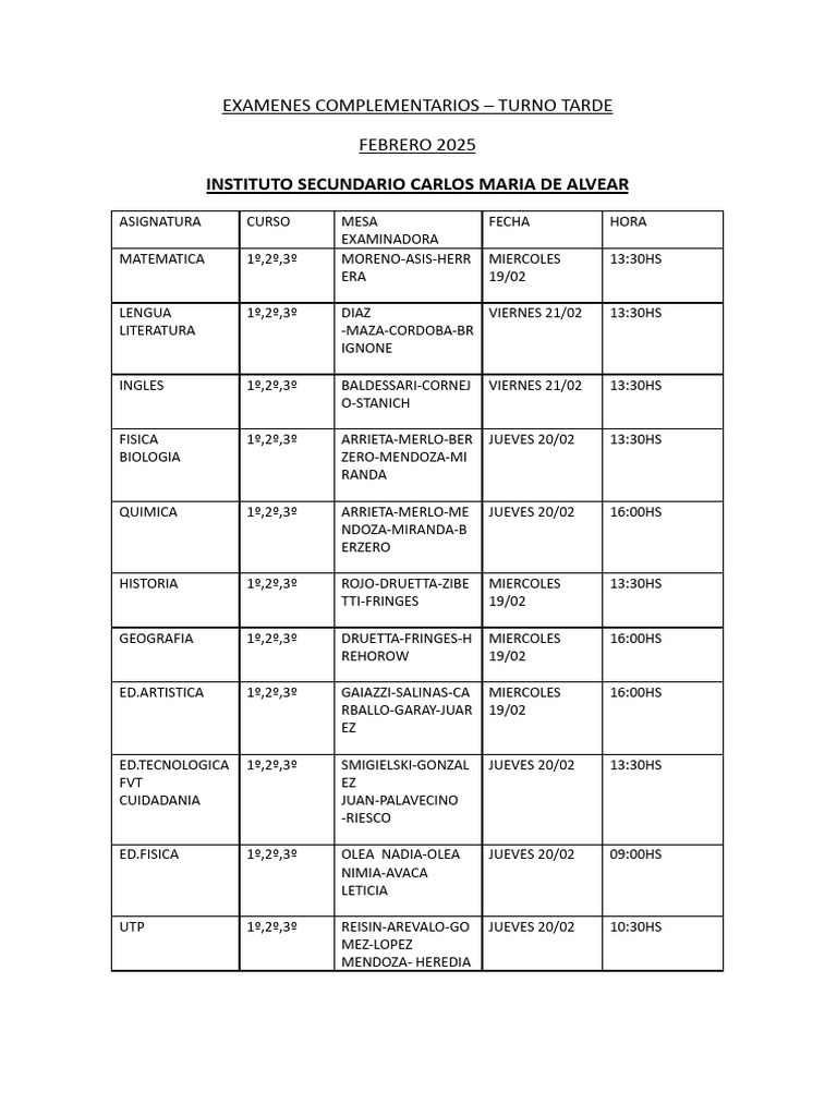 Exámenes Complementarios Febrero 2025 | PDF
