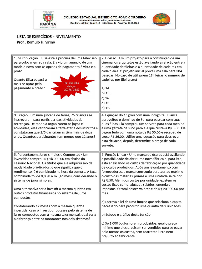 Lista de Exercícios - Nivelamento | PDF | Juros | Custo
