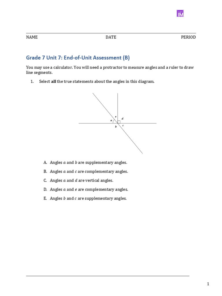 Grade7 7 End of Unit Assessment (B) Assessment | PDF | Rectangle | Triangle