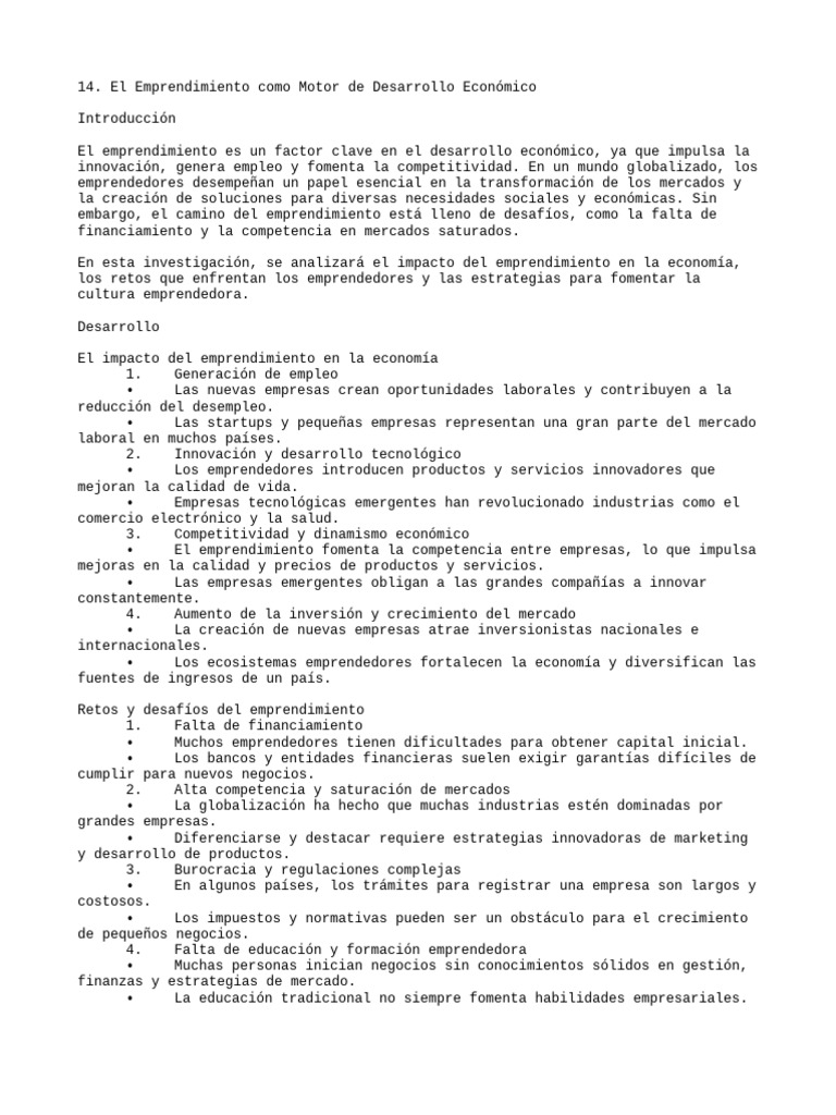 El Emprendimiento como Motor de Desarrollo Económico | PDF | Iniciativa empresarial | Empresa de ...