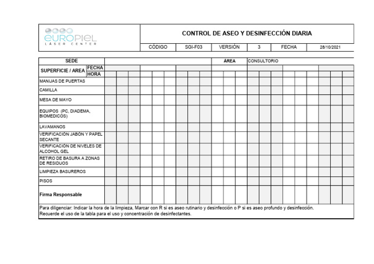 Control de Aseo y Desinfeccion Diaria-Consultorio | PDF