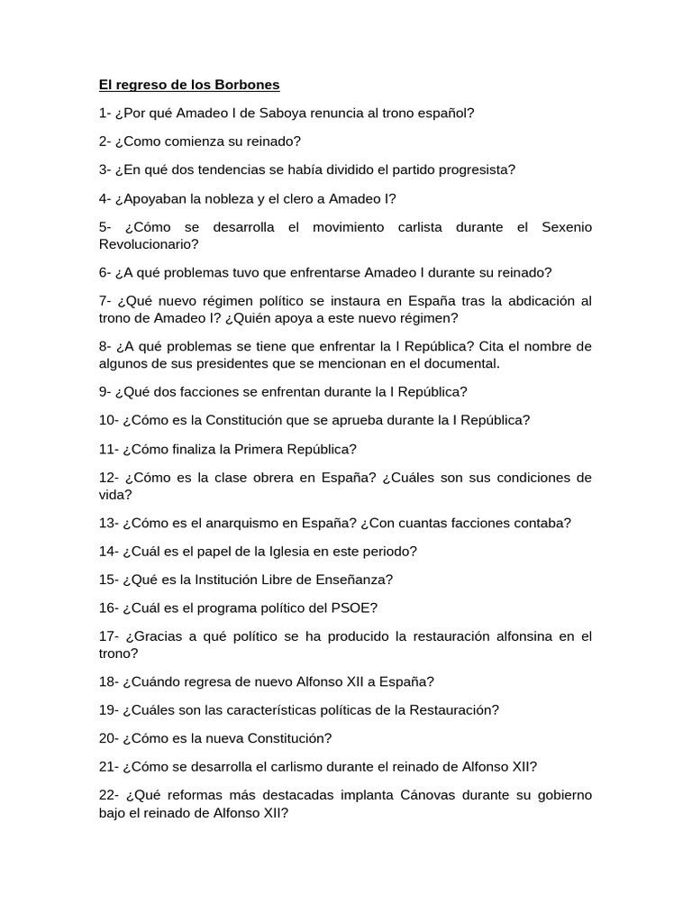 Historia del regreso de los Borbones en España | PDF