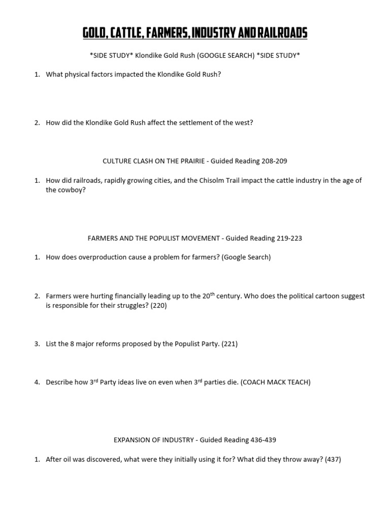 Gold, Cattle, Farmers, Industry and Railroads (Guided Reading) | PDF