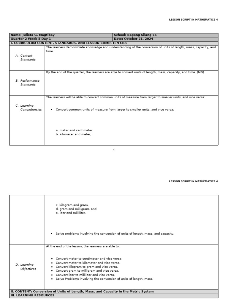 Unit Conversion in Mathematics 4 Lesson | PDF | Kilogram | Litre