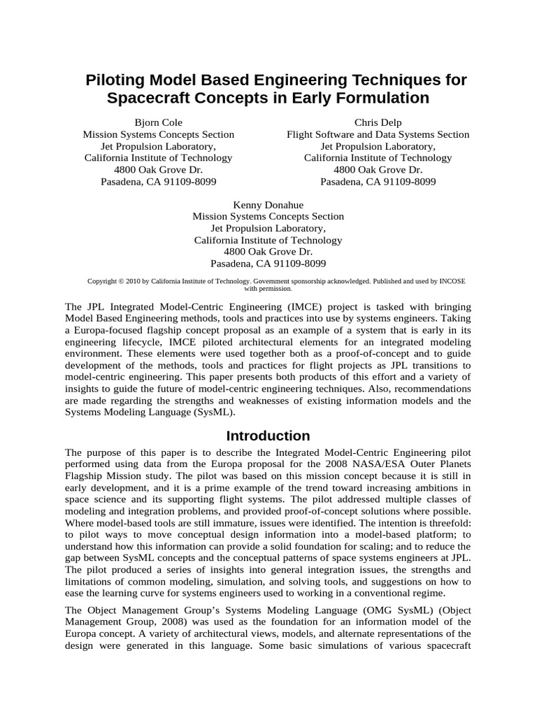 Piloting Model Based Engineering Techniques For Spacecraft Concepts in ...