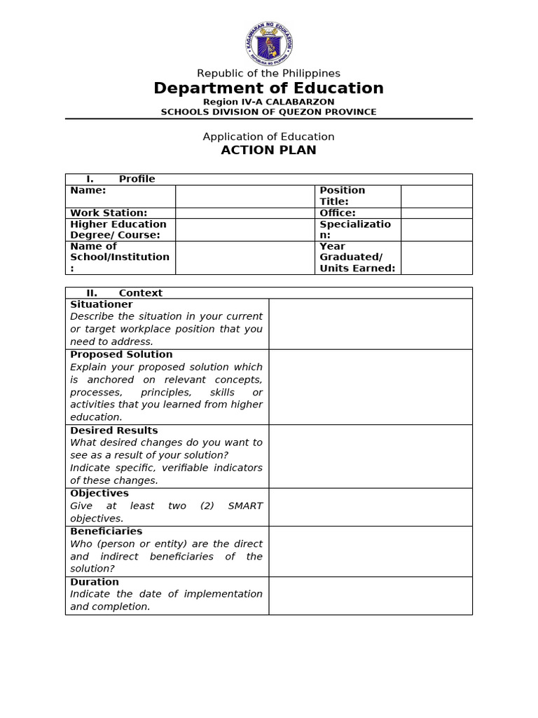 Application of Education-ACTION PLAN - 113109 | PDF