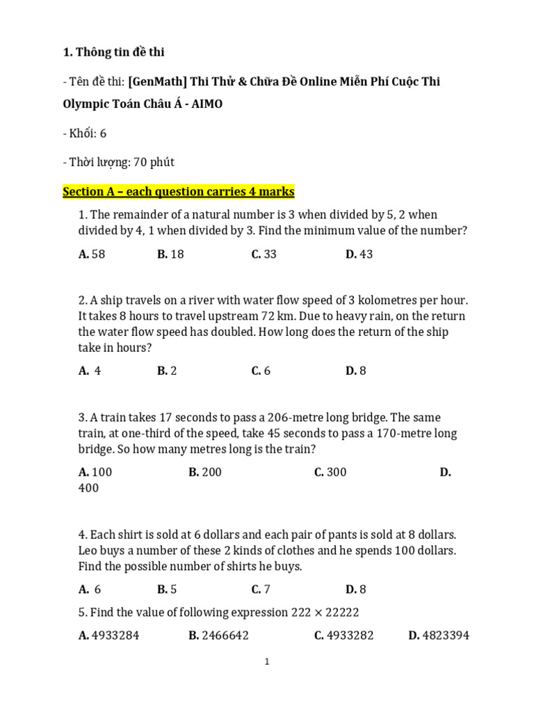 GenMath - AIMO (toán tiếng anh quốc tế) -grade 6 | PDF | Numbers ...