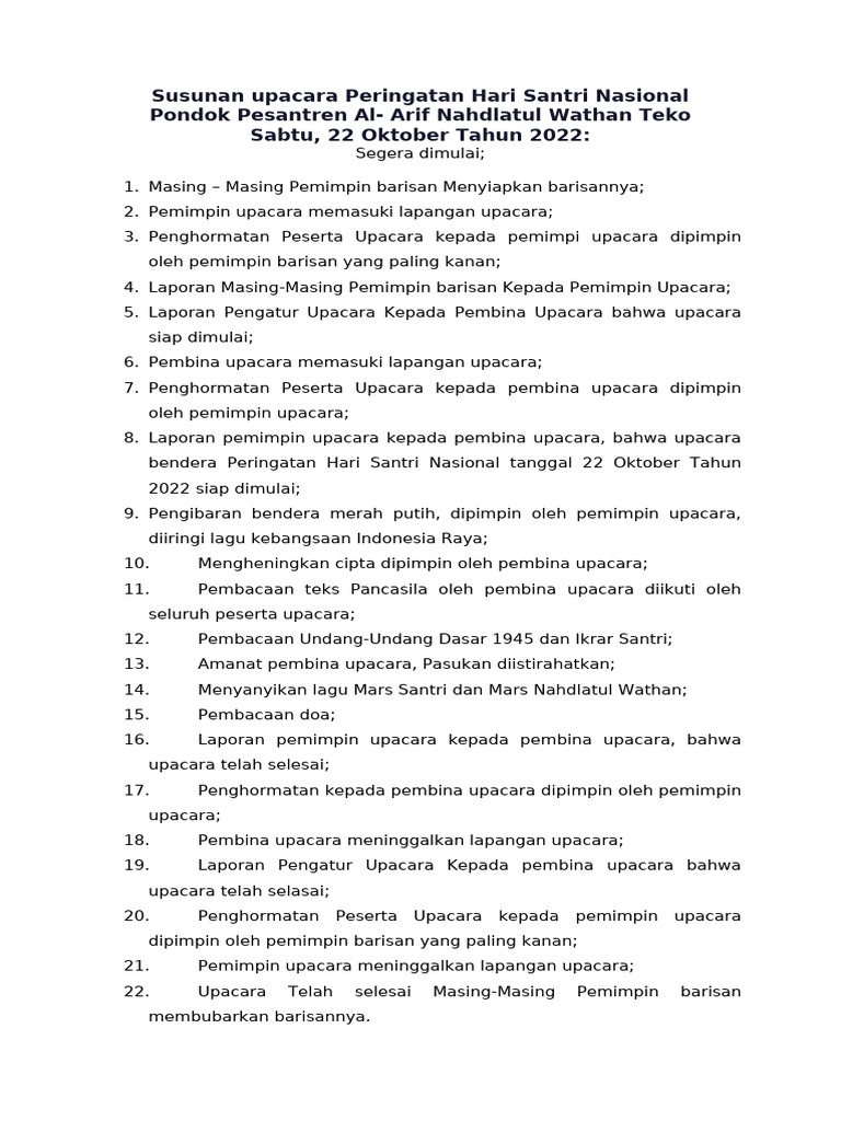 Susunan Upacara Peringatan Hari Santri Nasional | PDF