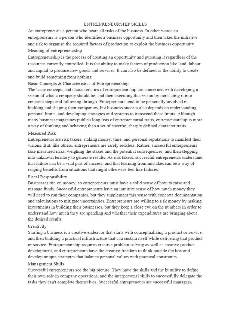 Entrepreneurship Skills (Real Notes) | PDF | Partnership | Entrepreneurship