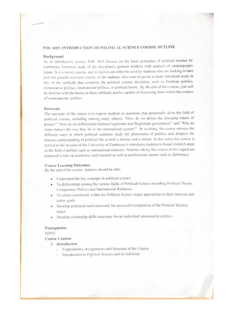Pol 1015 Introduction To Political Science Course Outline | PDF