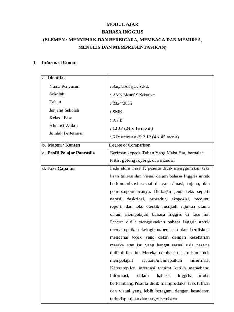 MODUL AJAR Degree of Comparison X 24.25 | PDF
