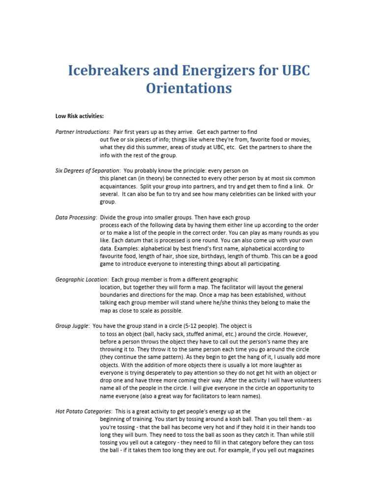 UBC Orientation Icebreakers Guide | PDF