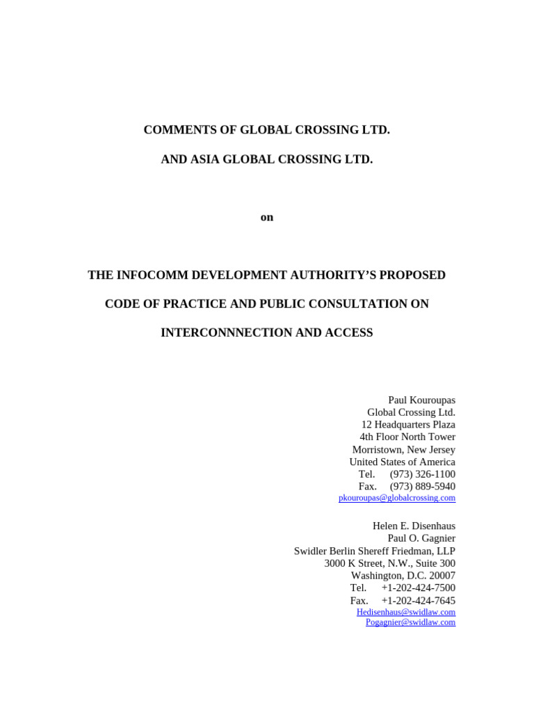 Global Crossing's Comments on Singapore's Telecom Code | PDF | Federal ...